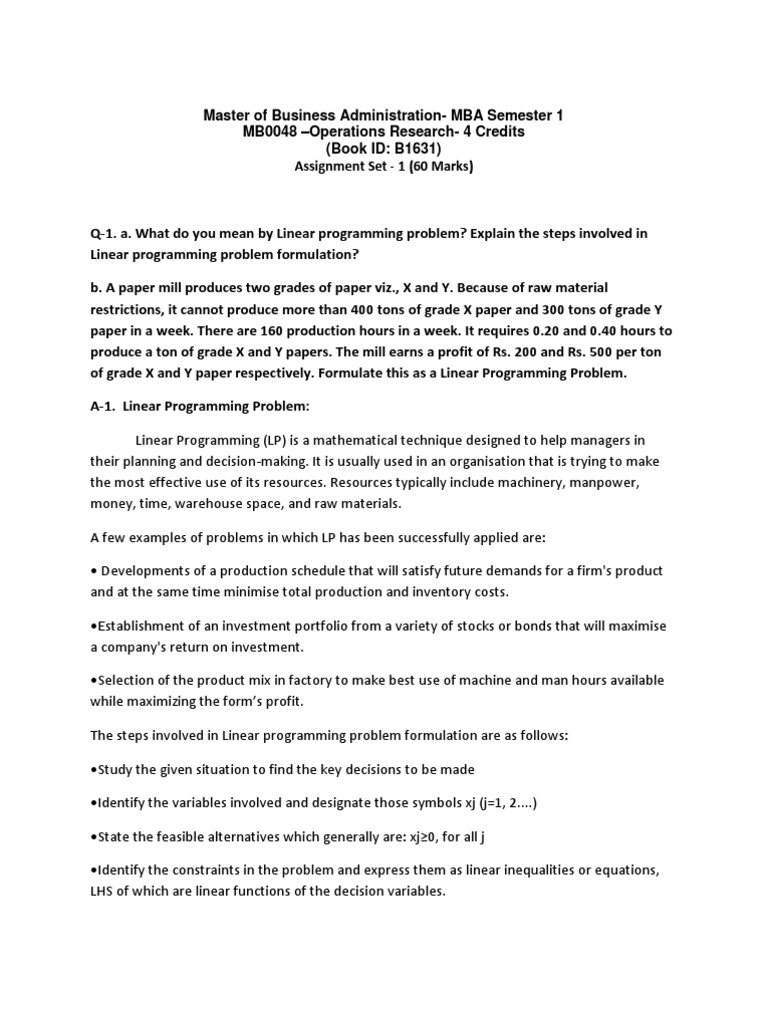 Master of Business Administration-MBA Semester 1 MB0048 - Operations Research - 4 Credits (Book ...