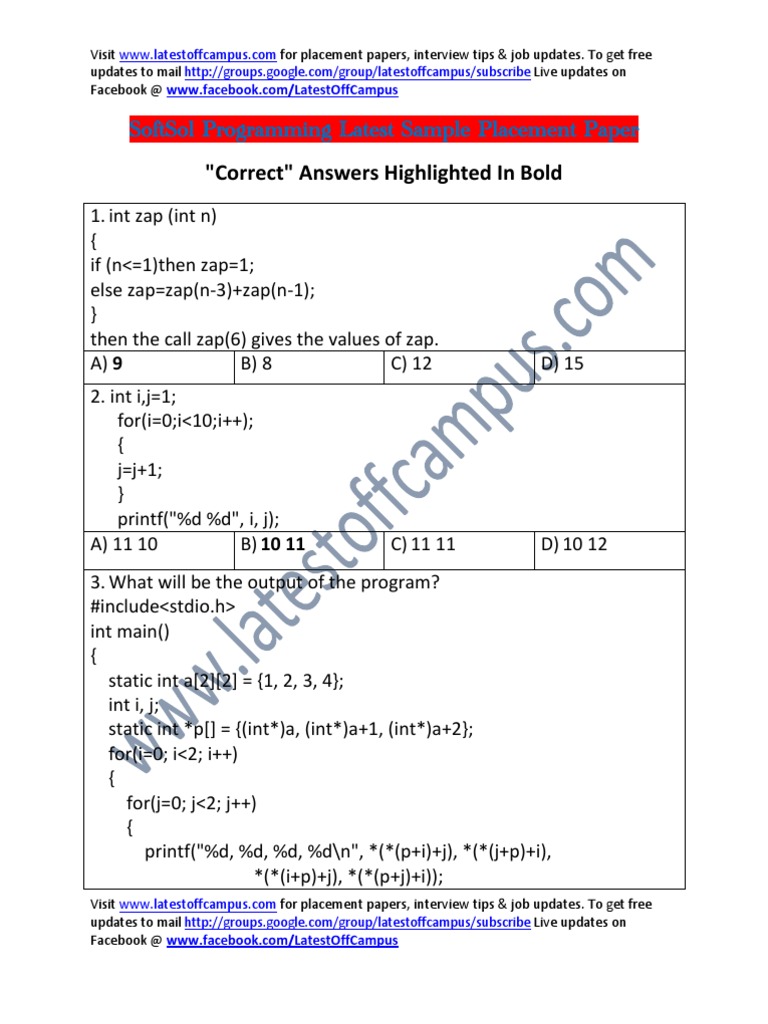 SoftSol Sample Programming Placement Paper | Download Free PDF | Object ...