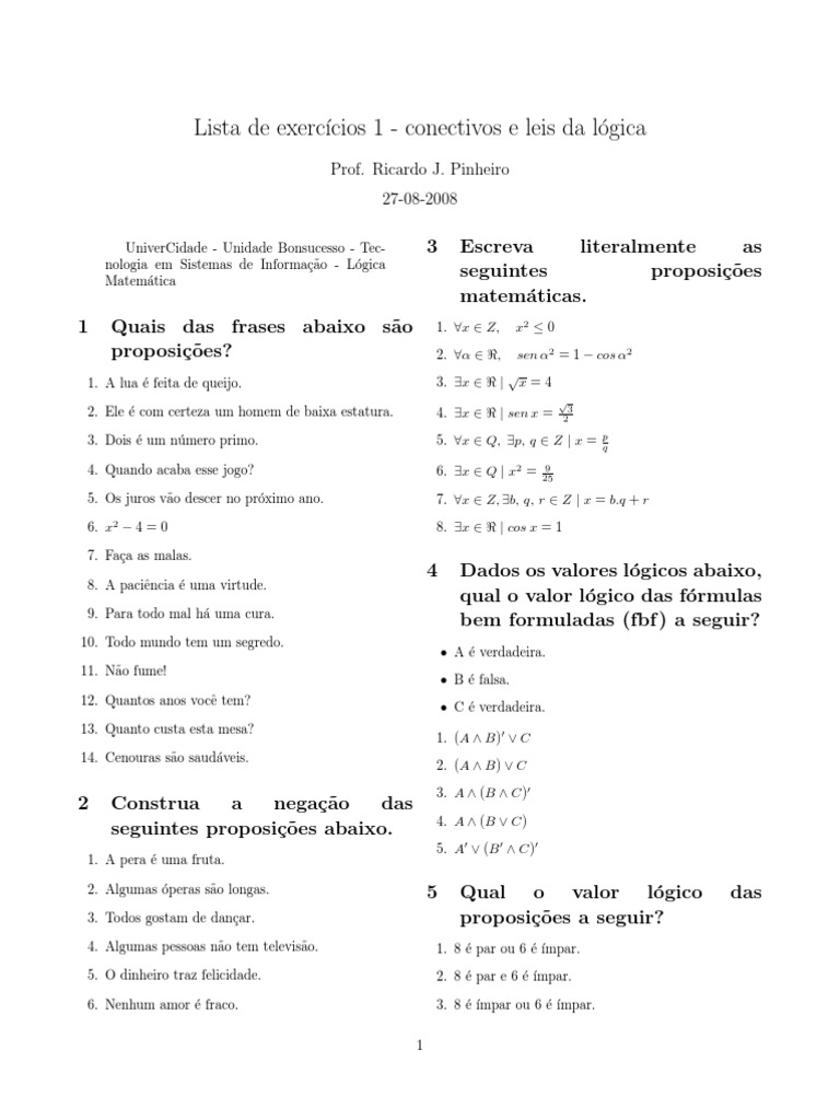 1a lista de exercícios de Lógica Matemática | Lógica Matemática | Lógica
