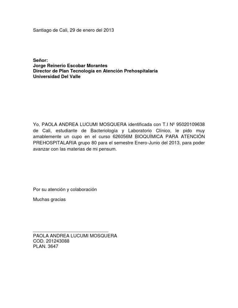 Carta Solicitud Cupo | PDF