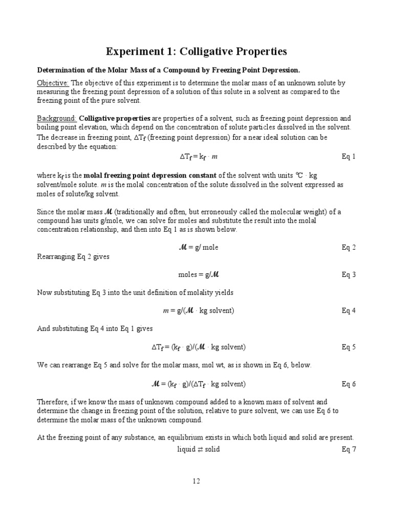 Experiment 1: Colligative Properties: Determination of The Molar Mass ...