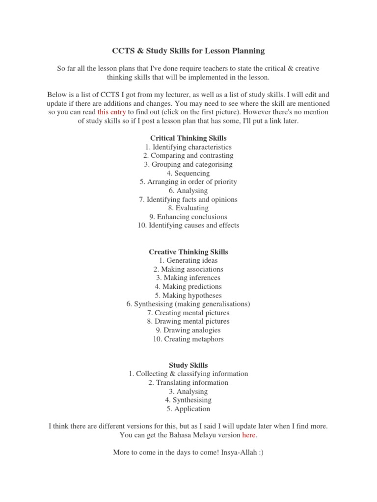 CCTS & Study Skills For Lesson Planning: This Entry | PDF | Lesson Plan ...