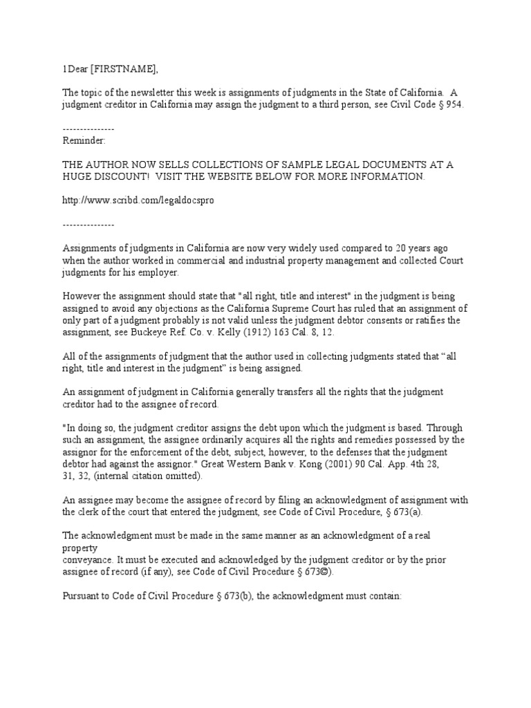 Assignments of Judgments in California | PDF | Assignment (Law ...