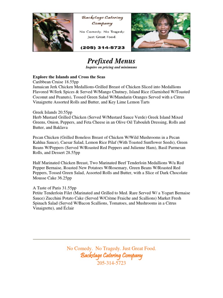 Backstage Catering Prefixed Menus | PDF | Coleslaw | Salad