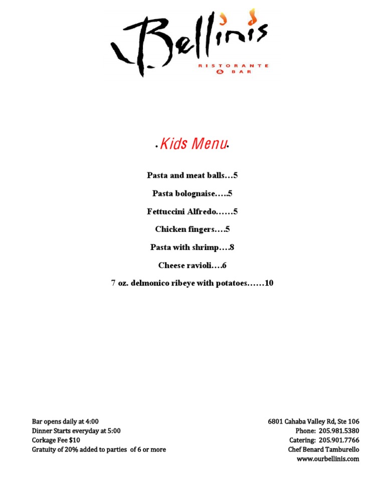 Bellini's Kids Menu | PDF