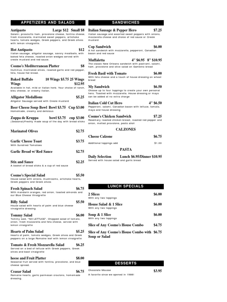 Cosmo's Pizza Menu | PDF | Sausage | Salad