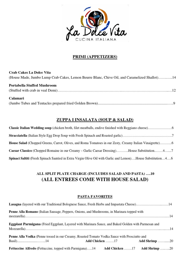 La Dolce Vita Menu Overview | PDF | Tomato Sauce | Salad