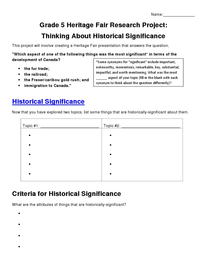 Grade 5 Heritage Fair Research Project: Thinking About Historical ...