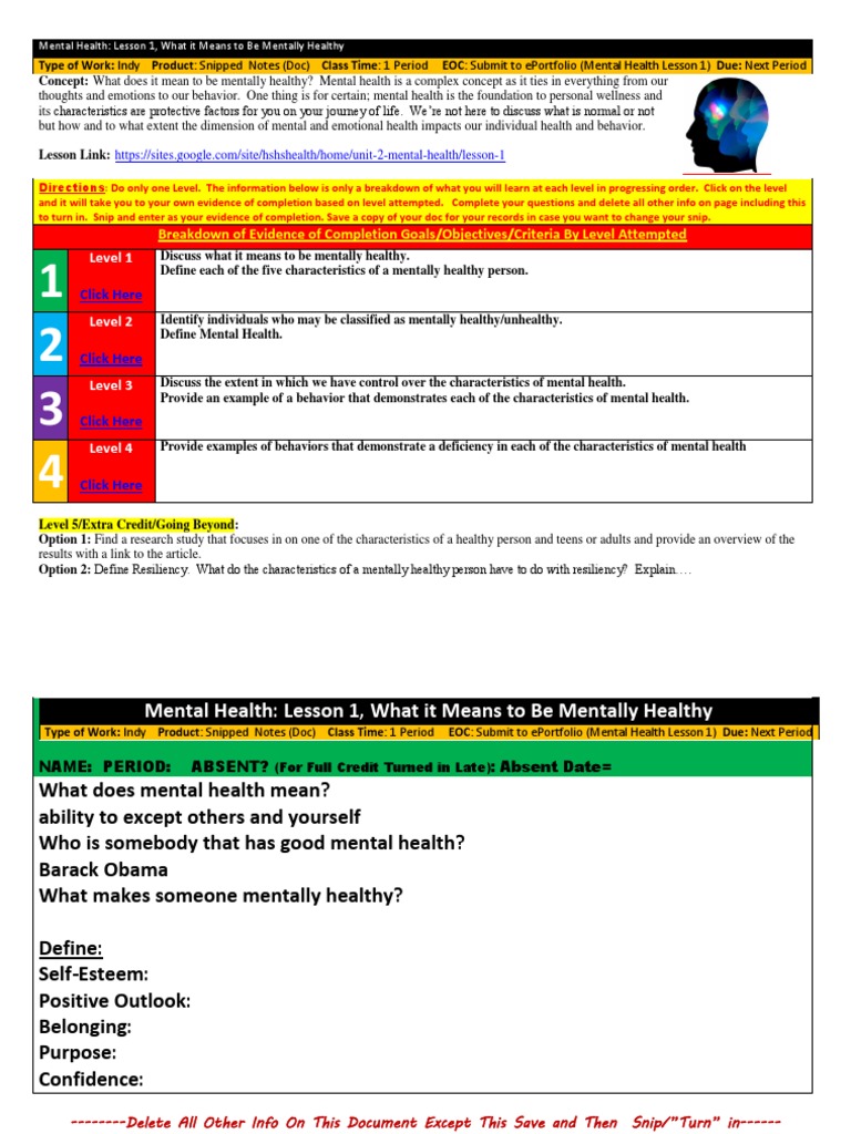 Mental Health - Lesson 1 Rubric and Template-UPDATED | PDF | Self ...