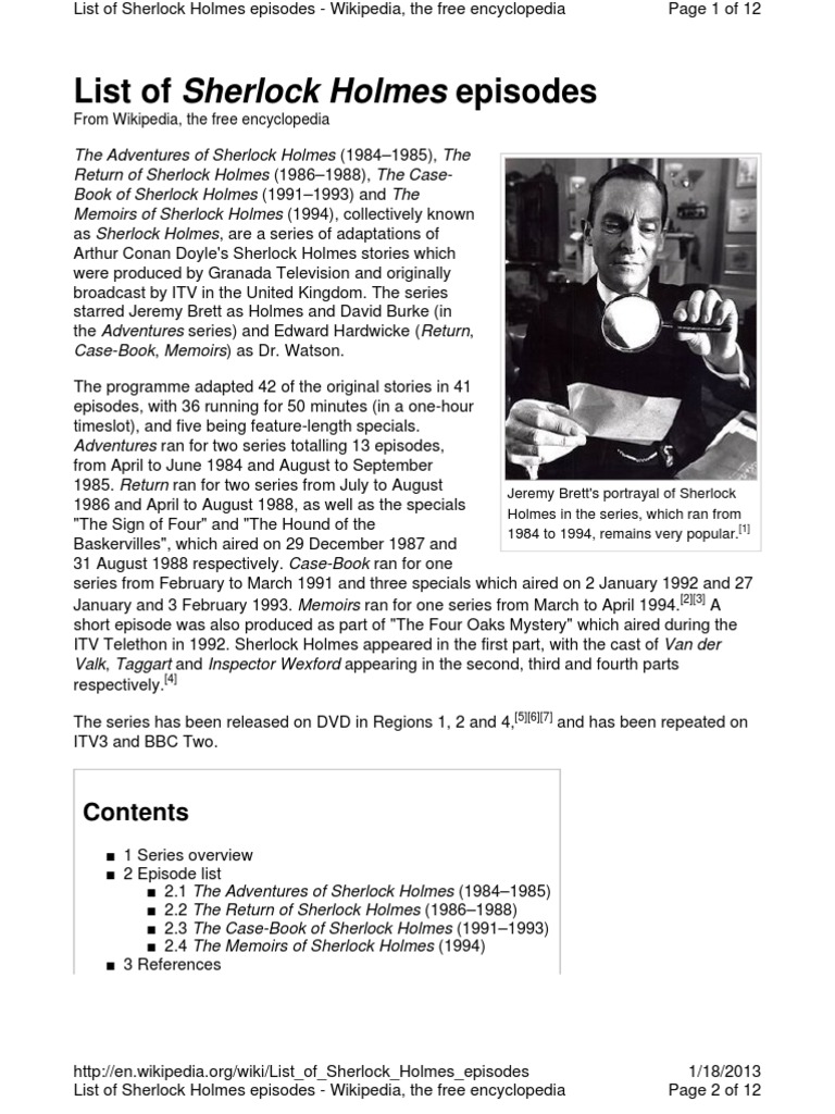 List of Sherlock Holmes Episodes | PDF | Sherlock Holmes | Fictional ...