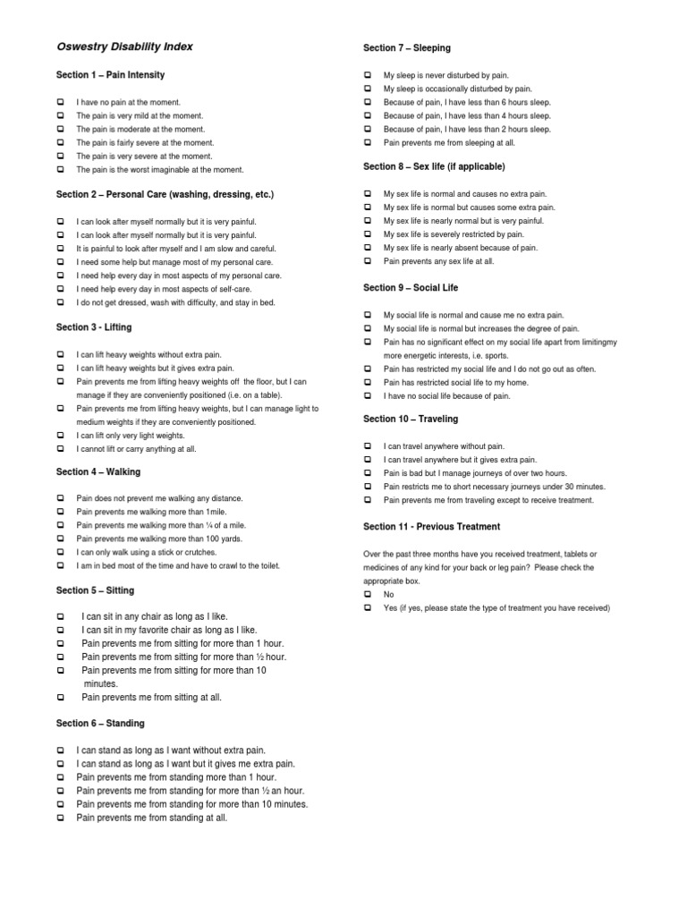 Oswestry Disability Index | PDF