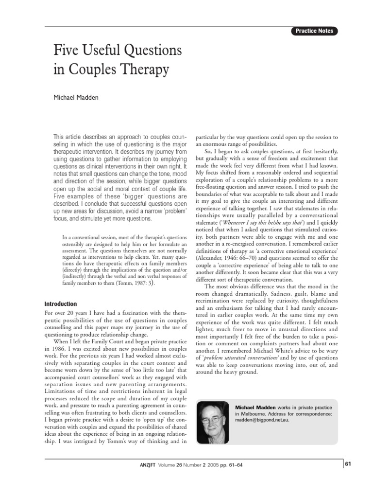 Five Useful Questions in Couples Therapy | PDF | Relationship ...