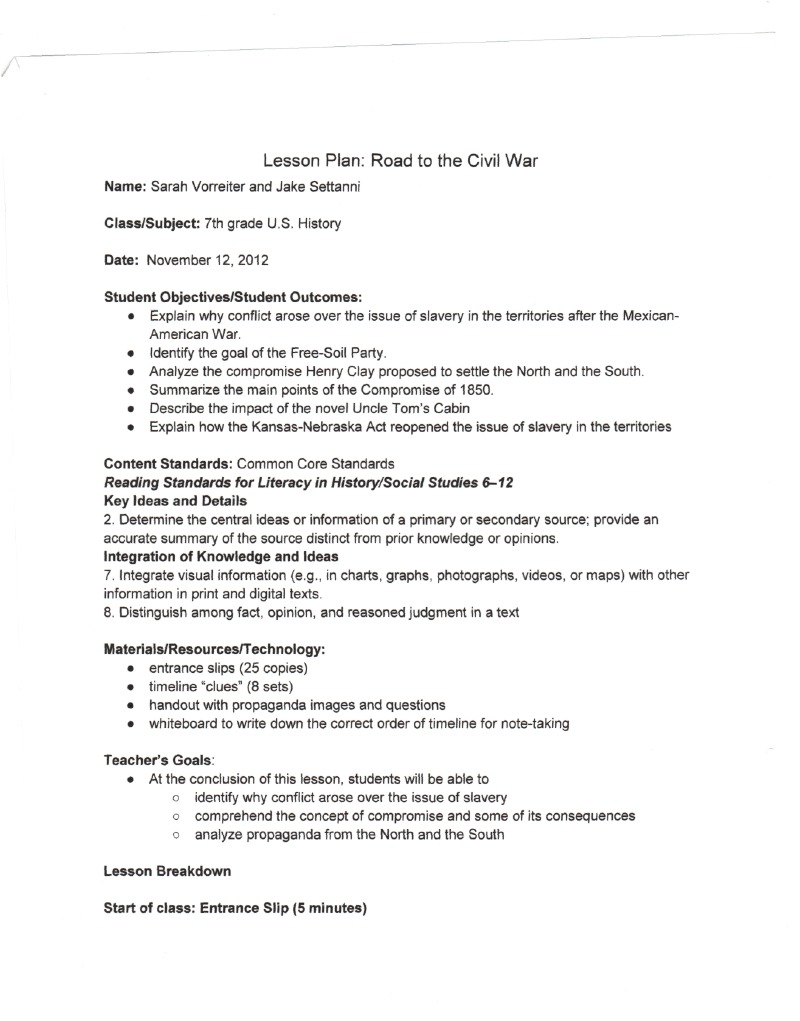 Road to the Civil War Lesson Plan | PDF | Abolitionism In The United ...