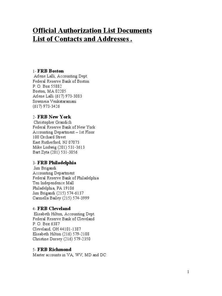 Official Authorization List Documents | PDF | Federal Reserve Banks | Federal Reserve System