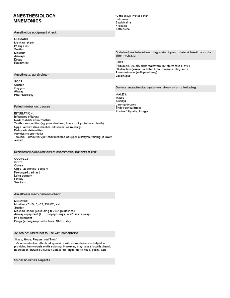 Anesthesiology Mnemonics | PDF | Anesthesia | Respiratory Tract