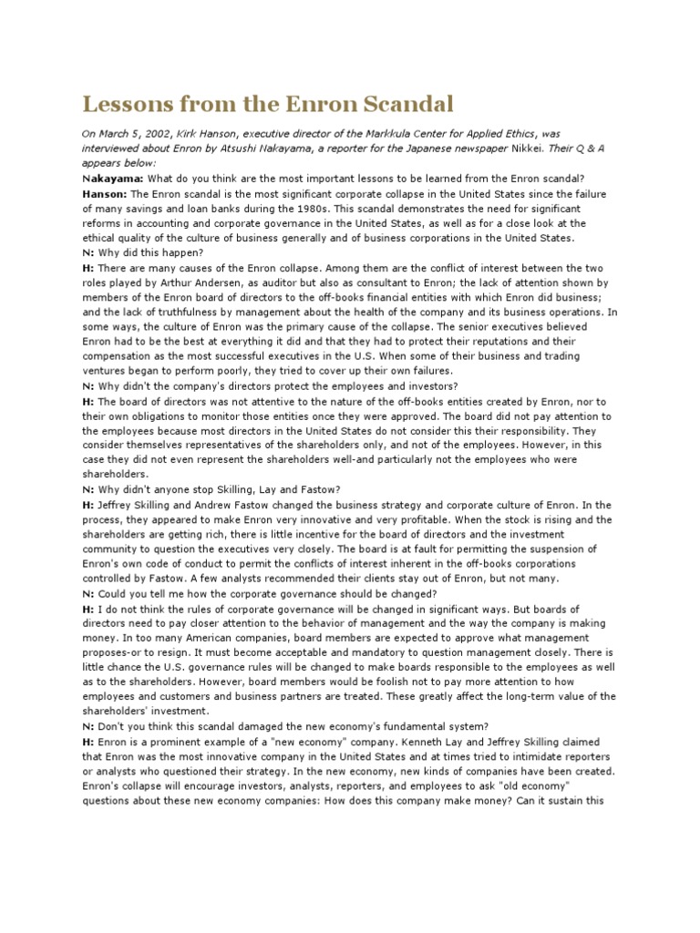 Lessons From The Enron Scandal | PDF | Enron | Corporate Governance
