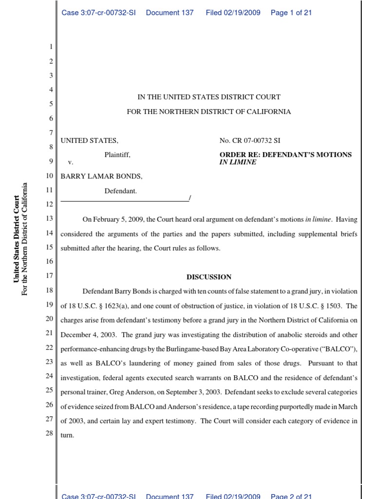 Barry Bonds Case Defendant's Motion in Limine | PDF | Hearsay ...