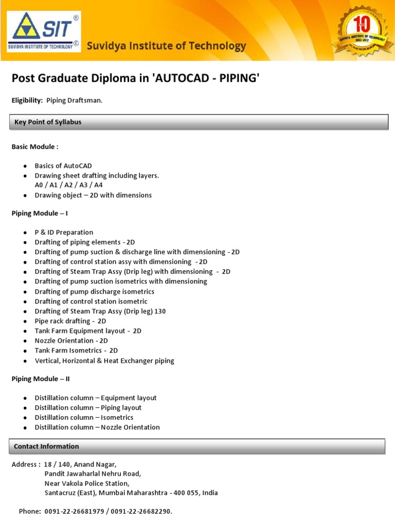 Post Graduate Diploma in 'AUTOCAD - PIPING': Eligibility: Piping ...