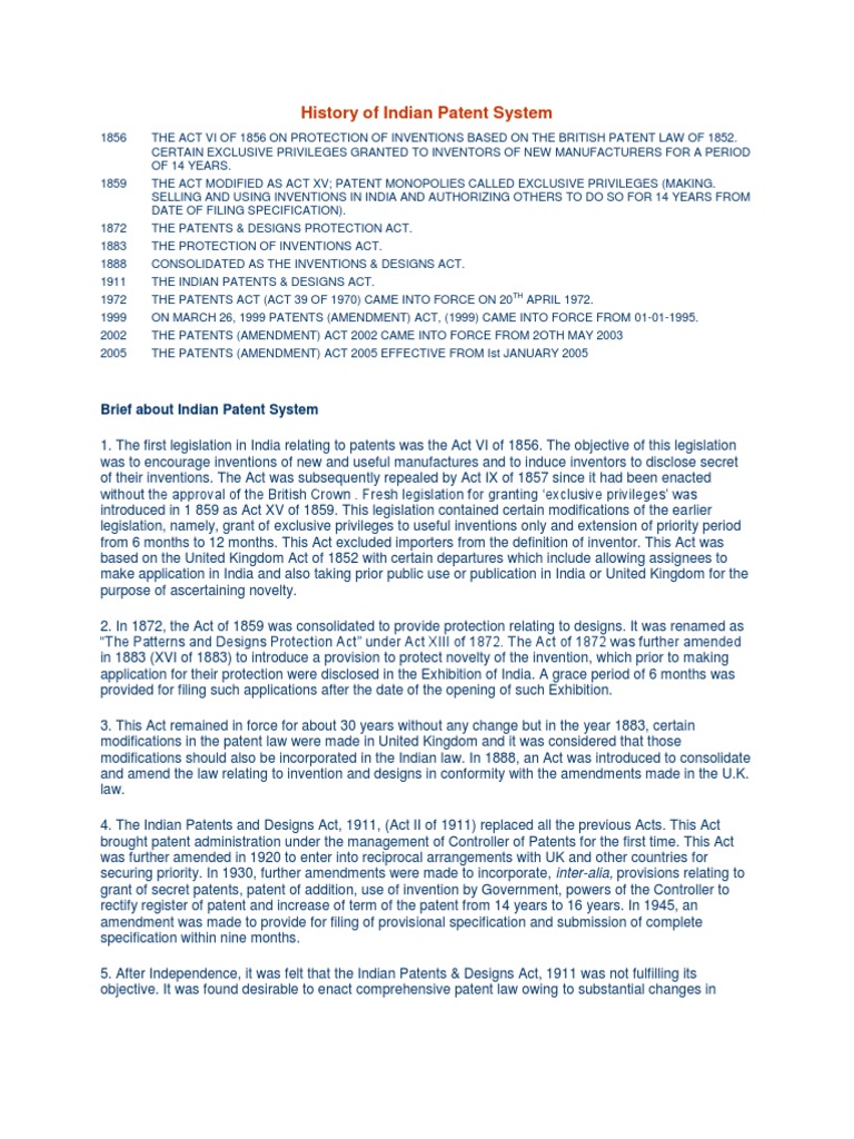 History of Indian Patent System | PDF | Priority Right | Novelty (Patent)