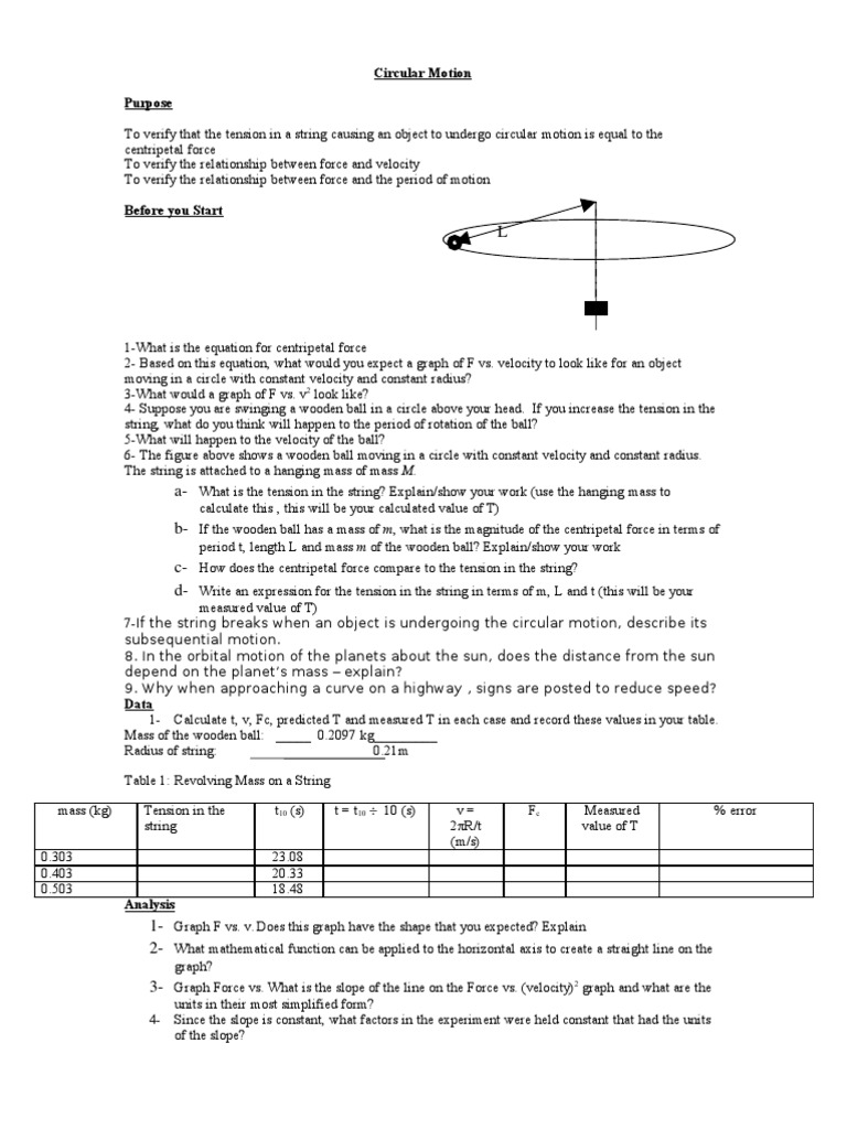 Lab Circular Motion Lab | PDF | Tension (Physics) | Velocity