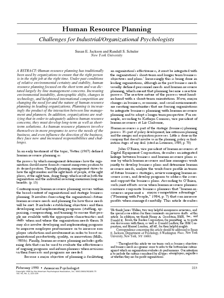 Human Resource Planning: Challenges For Industrial/Organizational ...