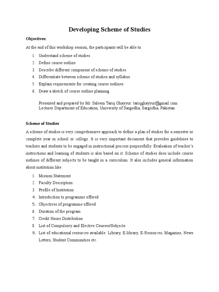 Developing Scheme of Studies PDF | PDF | Syllabus | Textbook