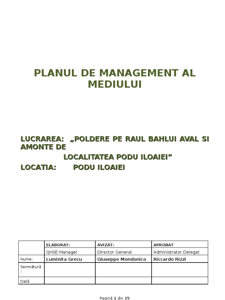 Planul de Management Al Mediului