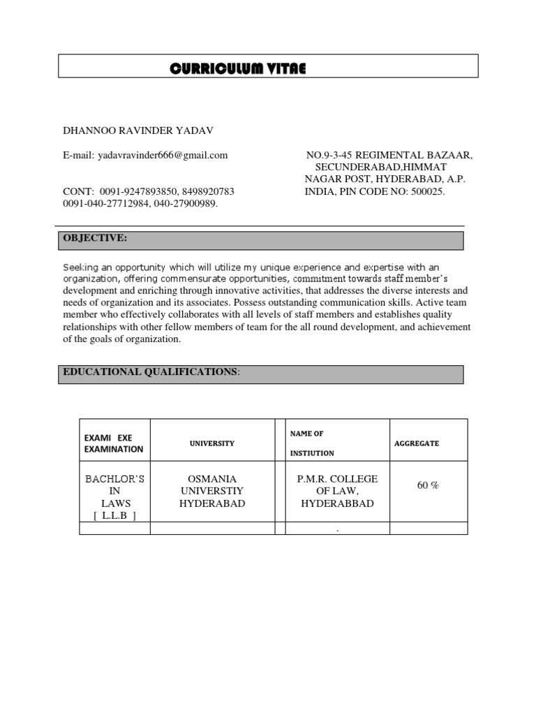 Curriculum Vitae of D.ravinder Yadav Updated. | PDF | Advocate | Lawsuit