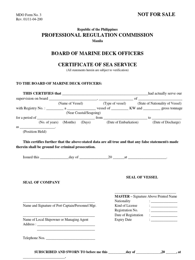 Certificate of Sea Service PRC Form | PDF | Water Transport | Shipping