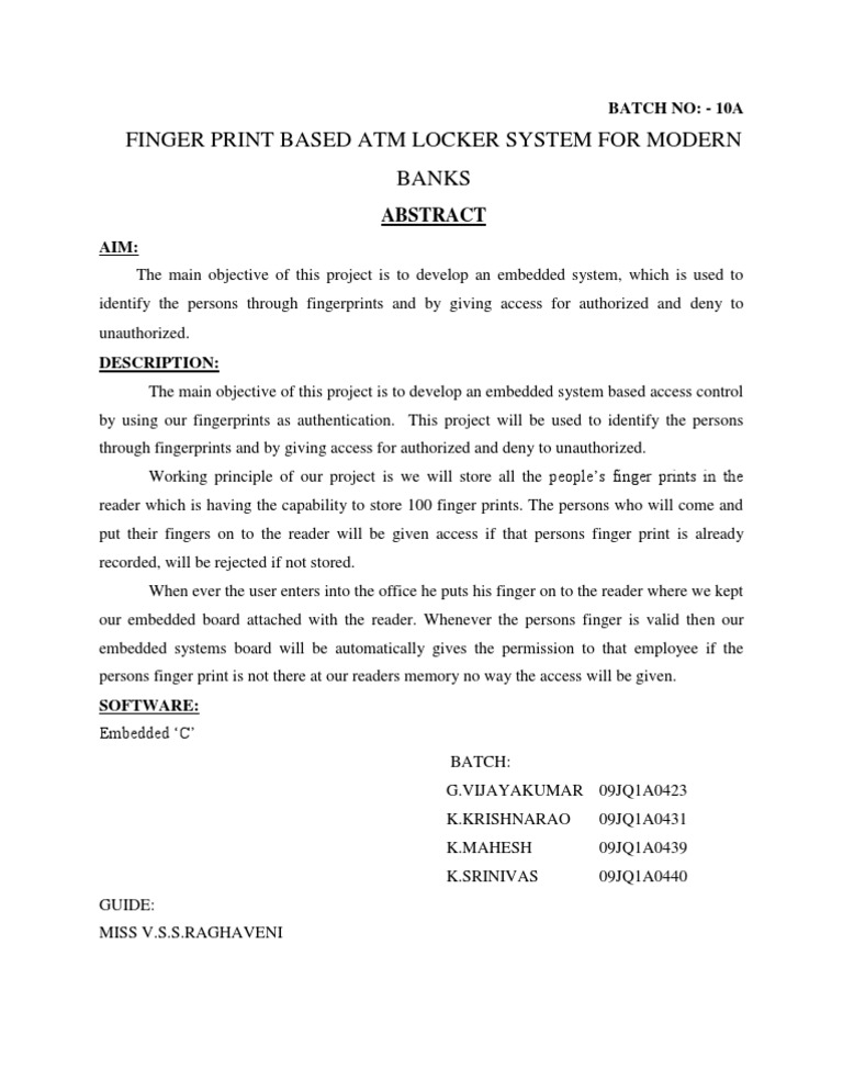 Finger Print Based Atm Locker System For Modern Banks: Batch No: - 10A | PDF