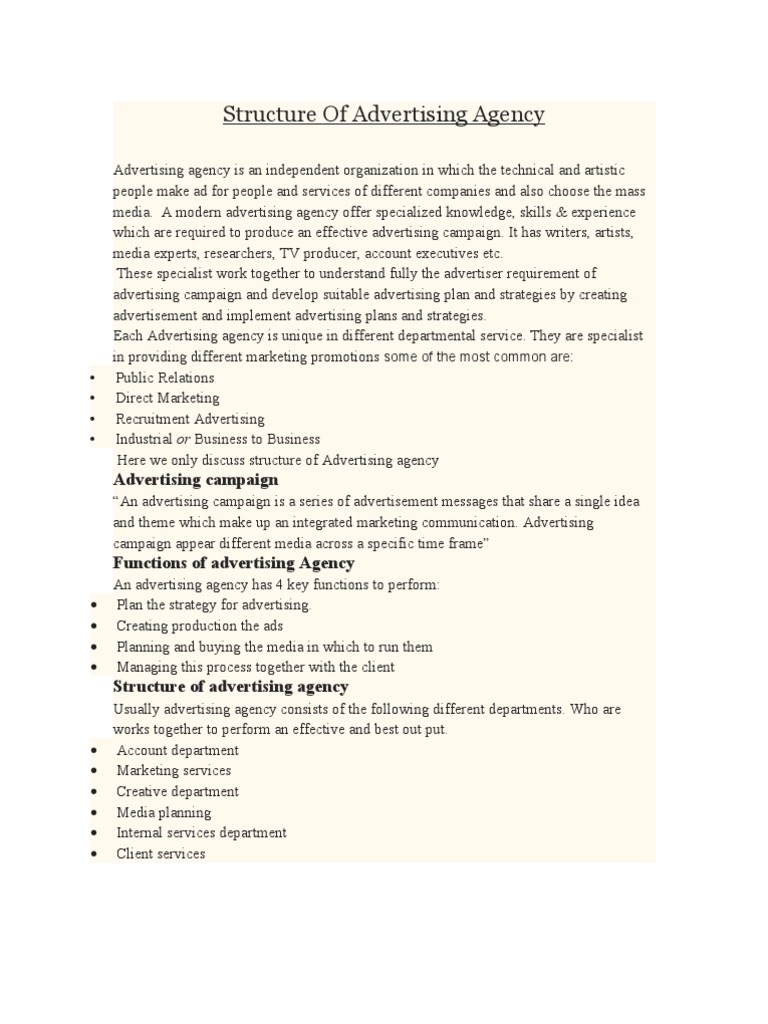 Structure of Advertising Agency | PDF | Advertising | Marketing