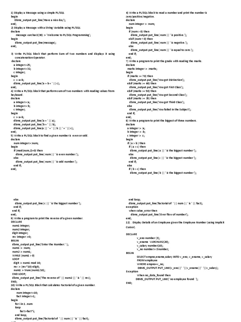 PL-SQL Basic Programs | PDF | Pl/Sql | C (Programming Language)