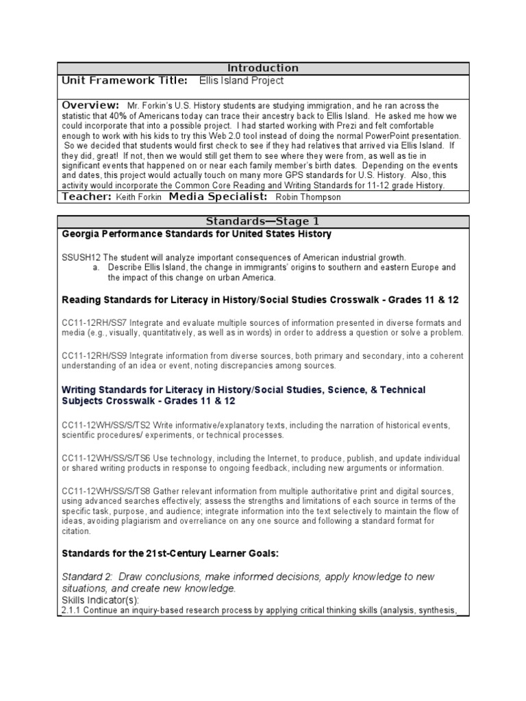 Unit Framework Title: Ellis Island Project Overview:: Georgia ...