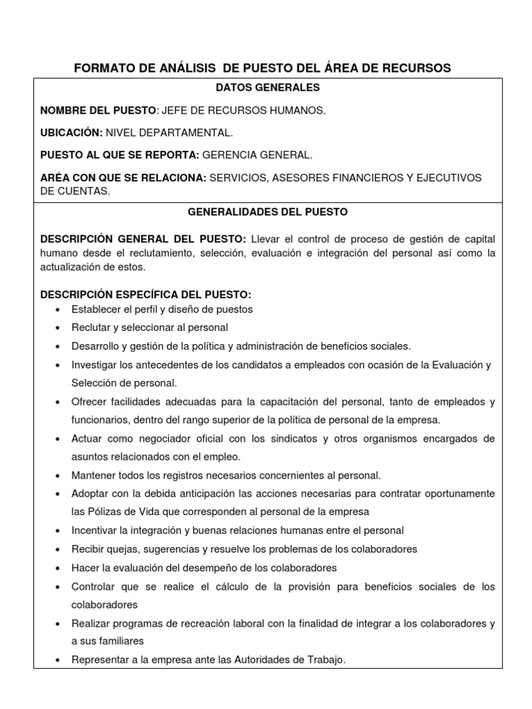 Formato de Analisis de Puesto Del Area de Recursos Humanos | PDF | Recursos humanos | Derecho ...