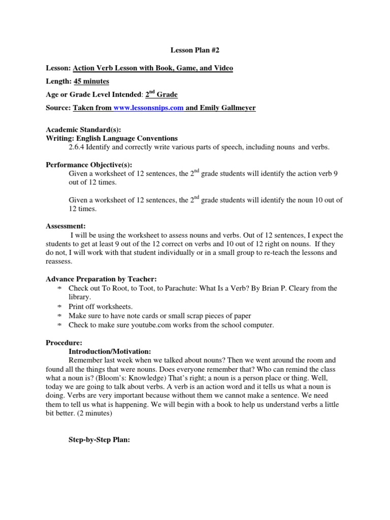 Action Verb Lesson Plan | PDF | Noun | Verb