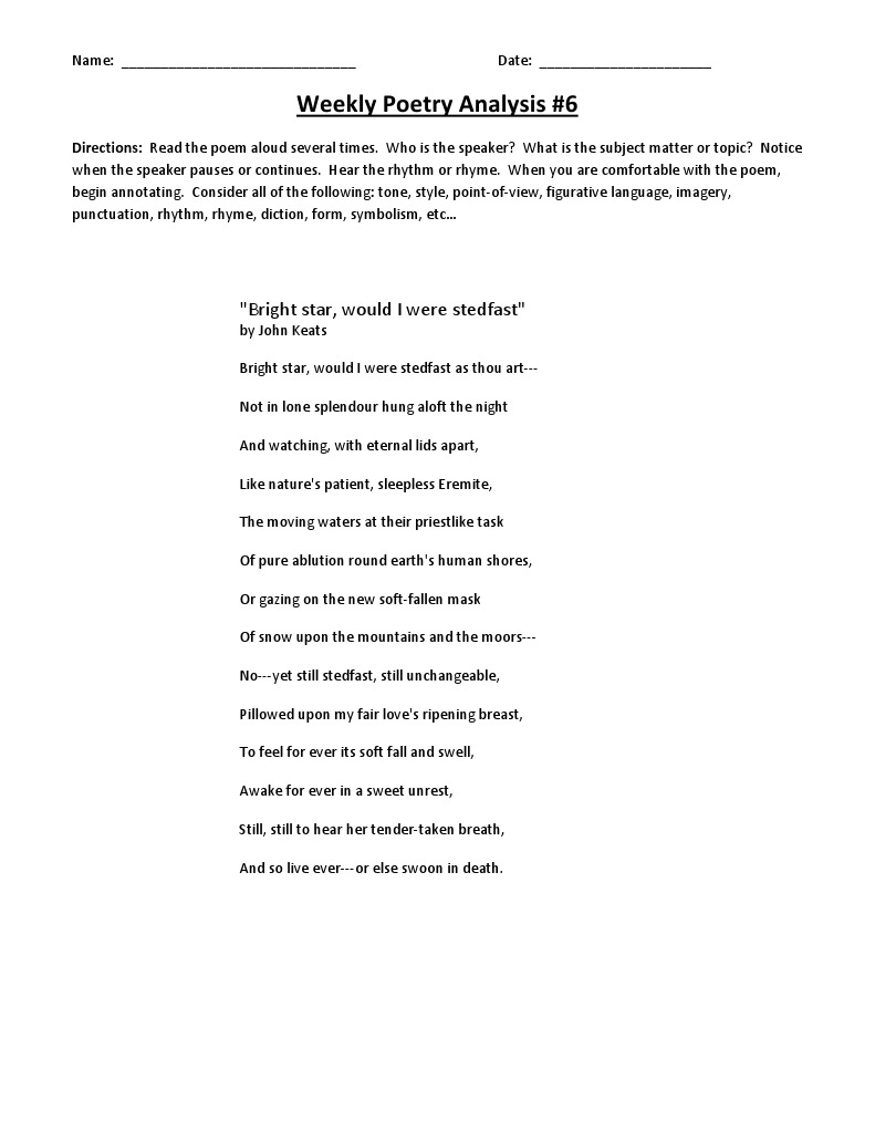 Weekly Analysis of Keats' "Bright Star" | PDF