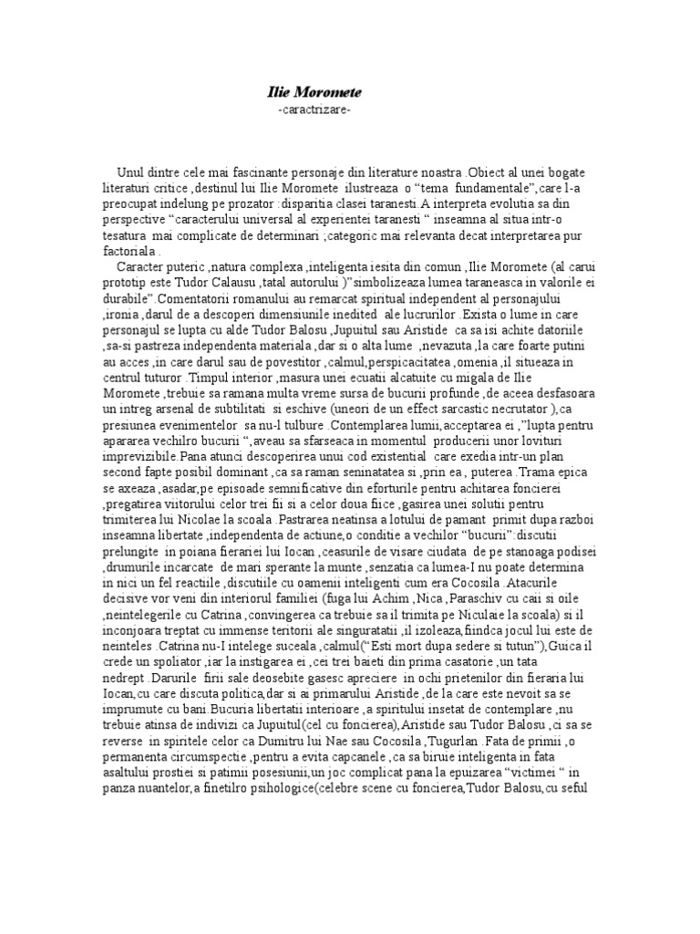Morometii - Caracterizare - Ilie Moromete | PDF