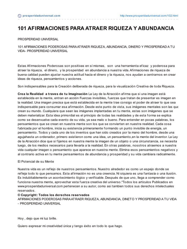 101 Afirmaciones para Atraer Riqueza y Abundancia | PDF | Mente | Realidad
