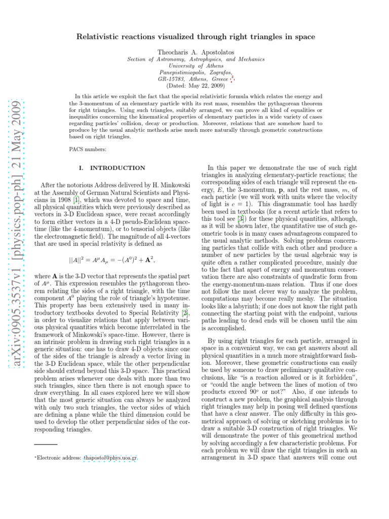 Relativistic Reactions Visualized Through Right Triangles in Space ...