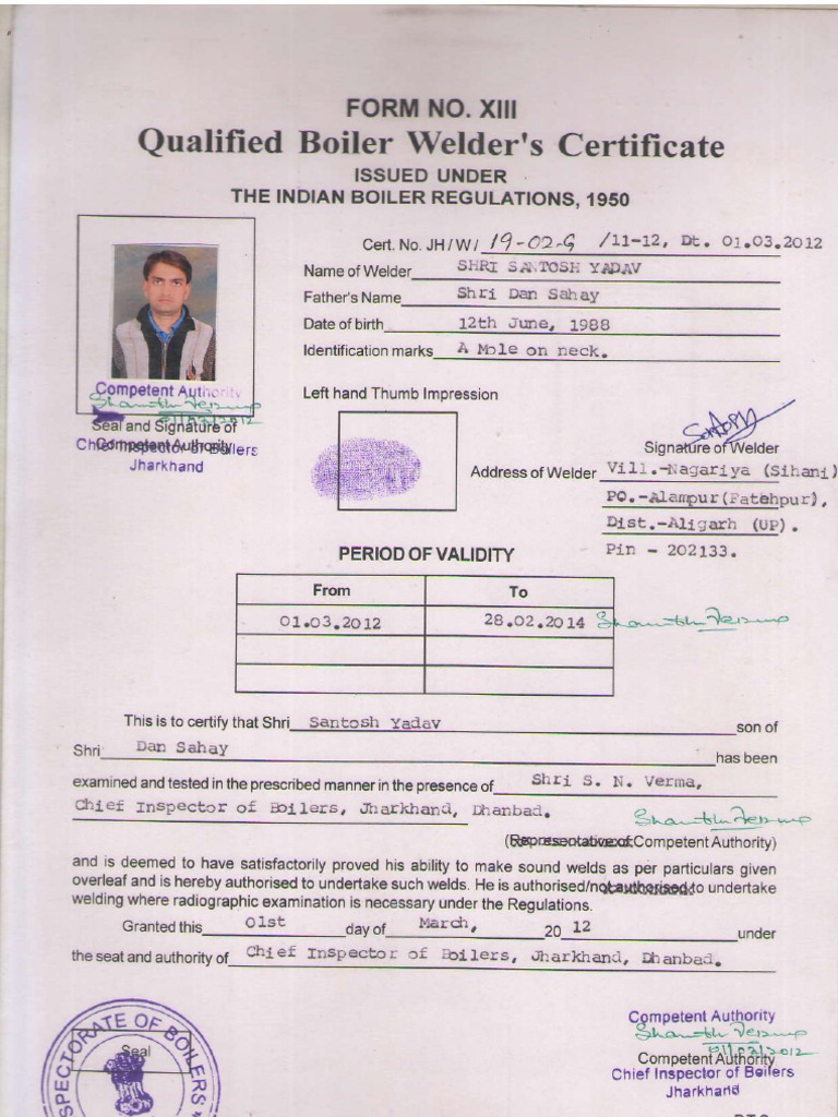 Qualified Boiler Welder's Certificate: Form NO. XLTL | PDF