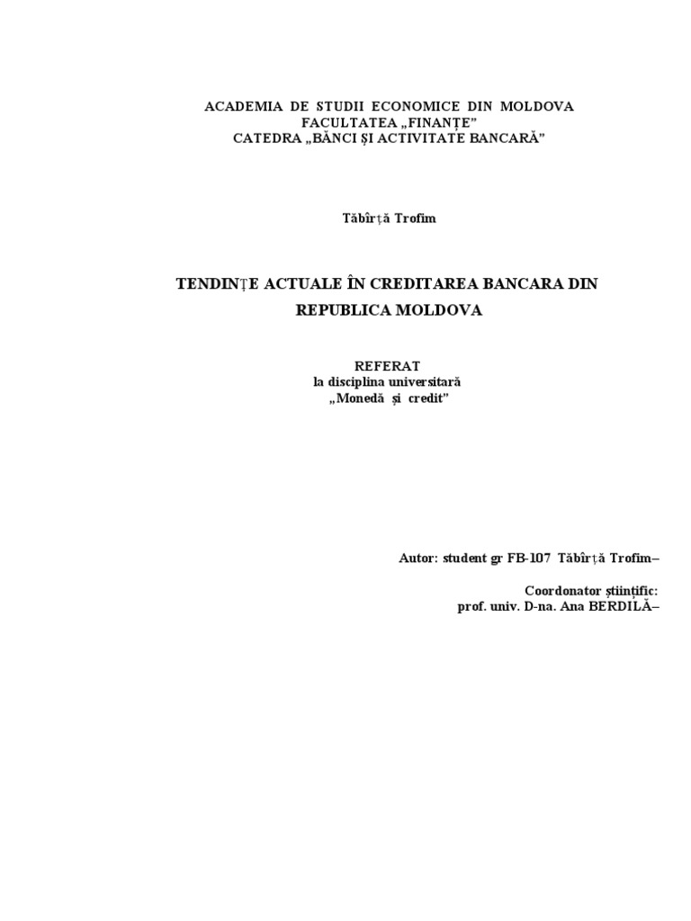Tendinte Actuale in Creditarea Bancara Din Republica Moldova. (Conspecte - MD) | PDF