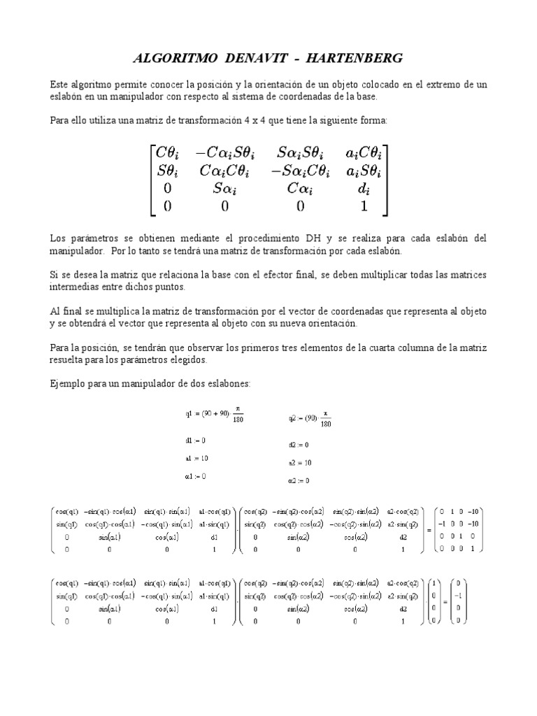 Algoritmo Denavit Hartenberg | PDF | Matriz (Matemáticas) | Vector ...