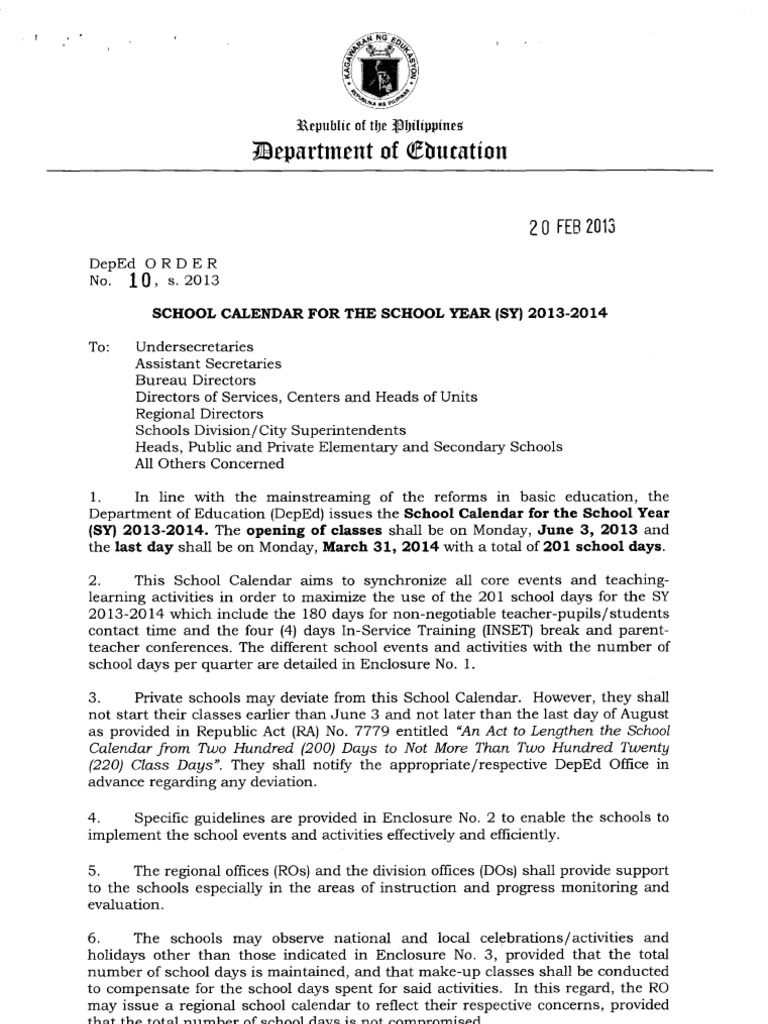 DepEd School Calendar SY 2013 2014 | PDF