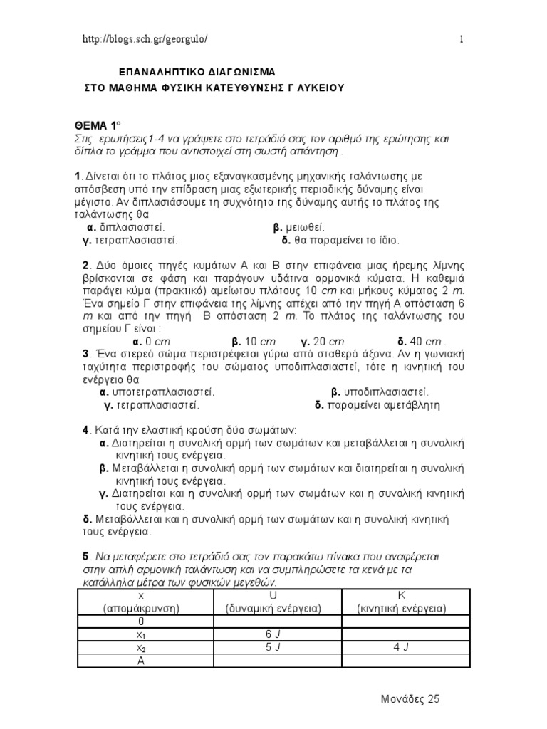 ΕΠΑΝΑΛΗΠΤΙΚΟ ΔΙΑΓΩΝΙΣΜΑ ΦΥΣΙΚΗ Γ ΛΥΚΕΙΟΥ ΚΑΤΕΥΘΥΝΣΗ | PDF