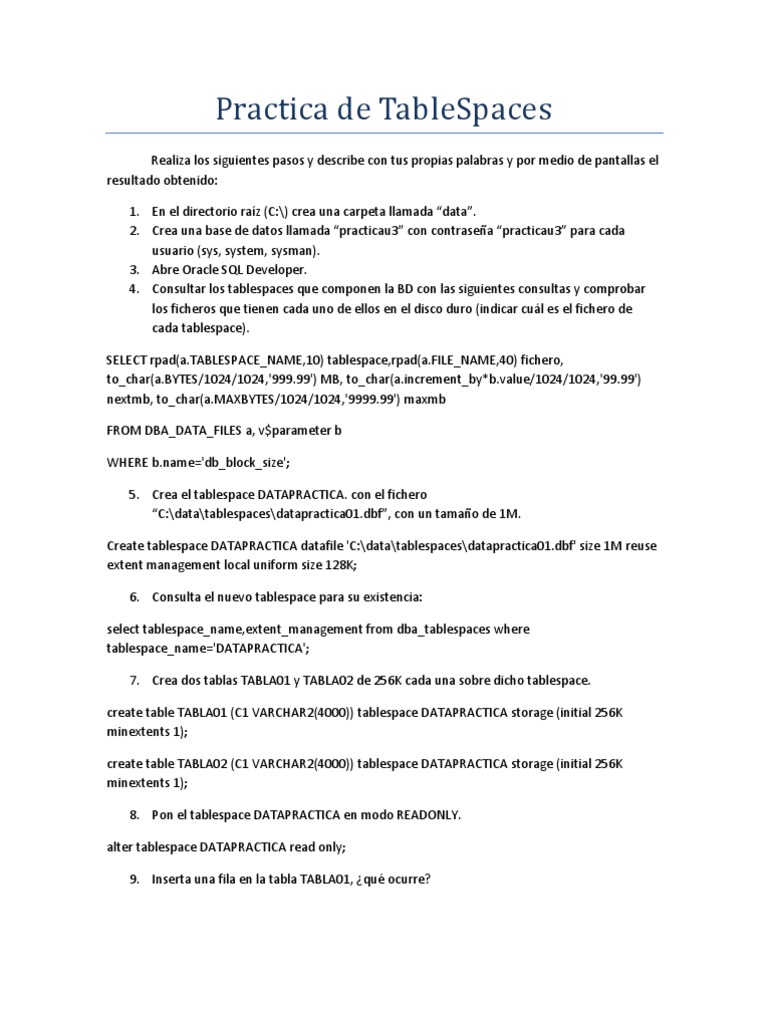 Practica TableSpaces | PDF | SQL | Software de gestión de datos