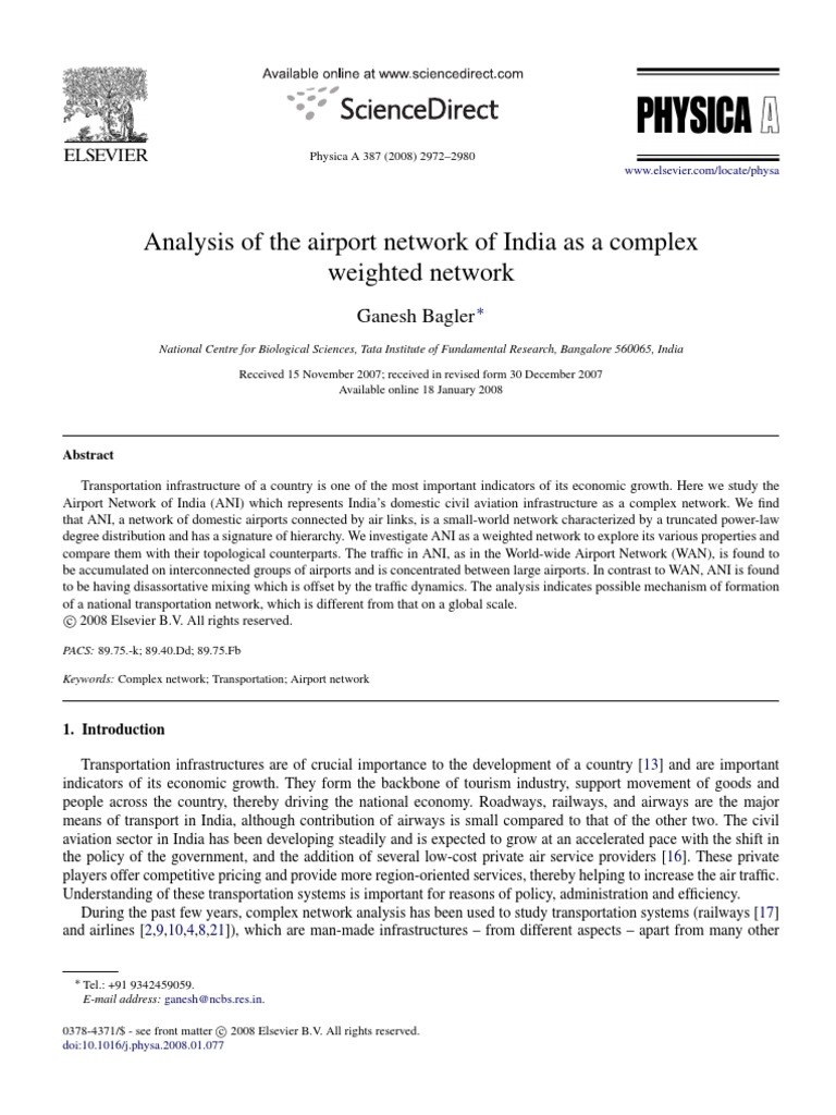 Analysis of The Airport Network of India As A Complex Weighted Network Ganesh Bagler | PDF ...
