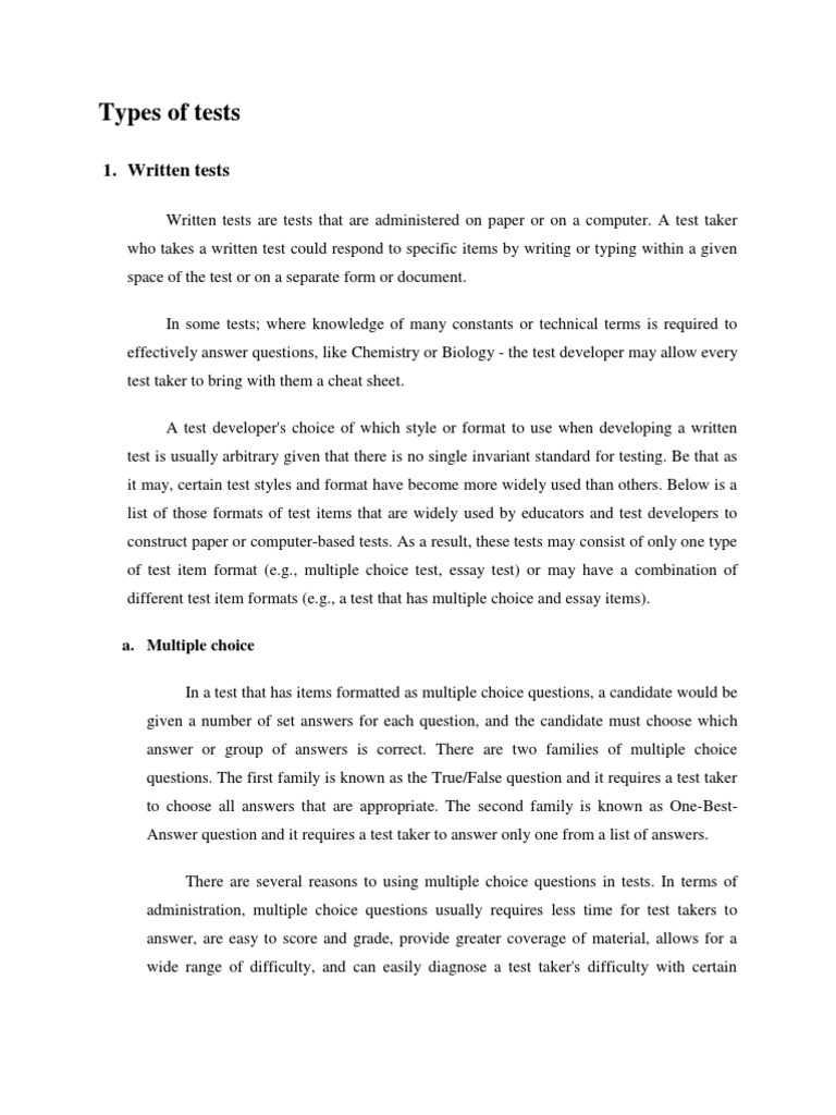 Types Of Tests PDF Multiple Choice Test Assessment 