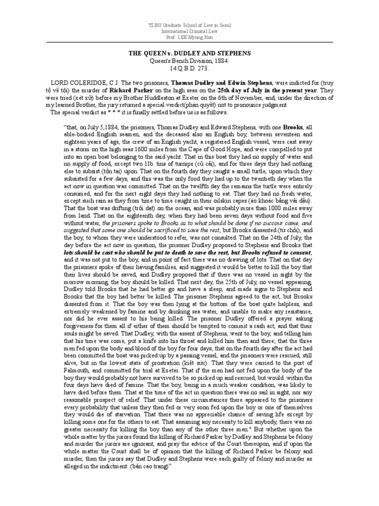 Queen v. Dudley and Stephens Case Summary | PDF | Morality | Utilitarianism