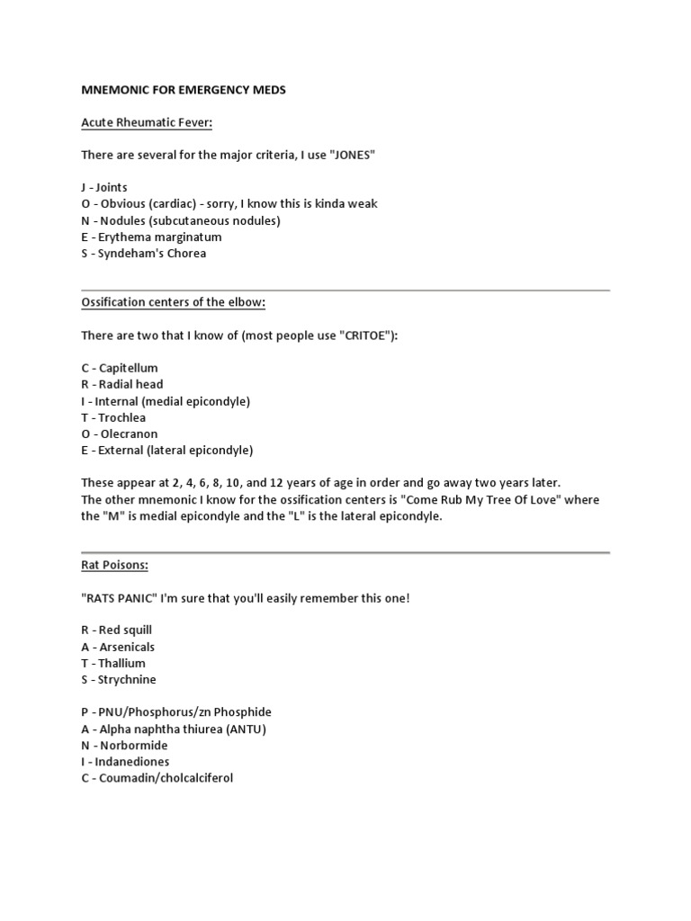 Mnemonic For Emergency Meds | PDF | Pain | Anemia