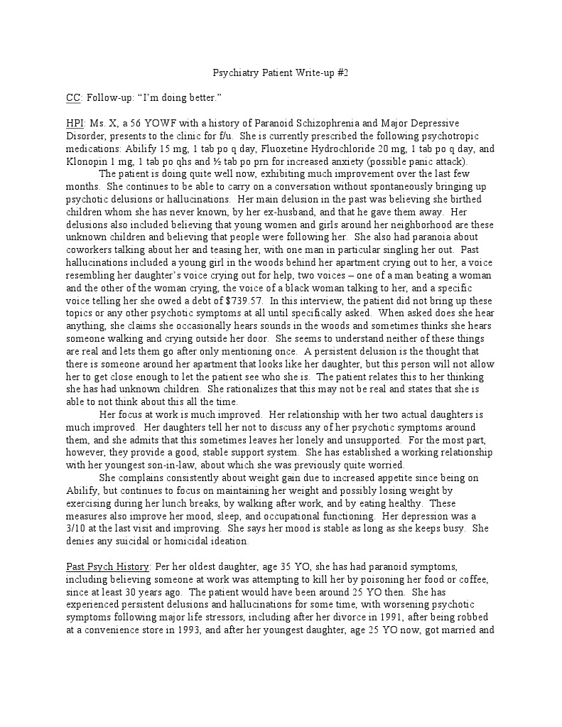Patient Write-Up Example 2 | PDF | Paranoia | Psychosis